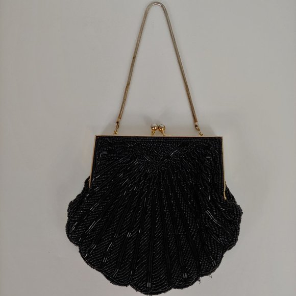 Bags | Vintage Beaded Clamshell Purse Snake Chain Bag Black Evening ...